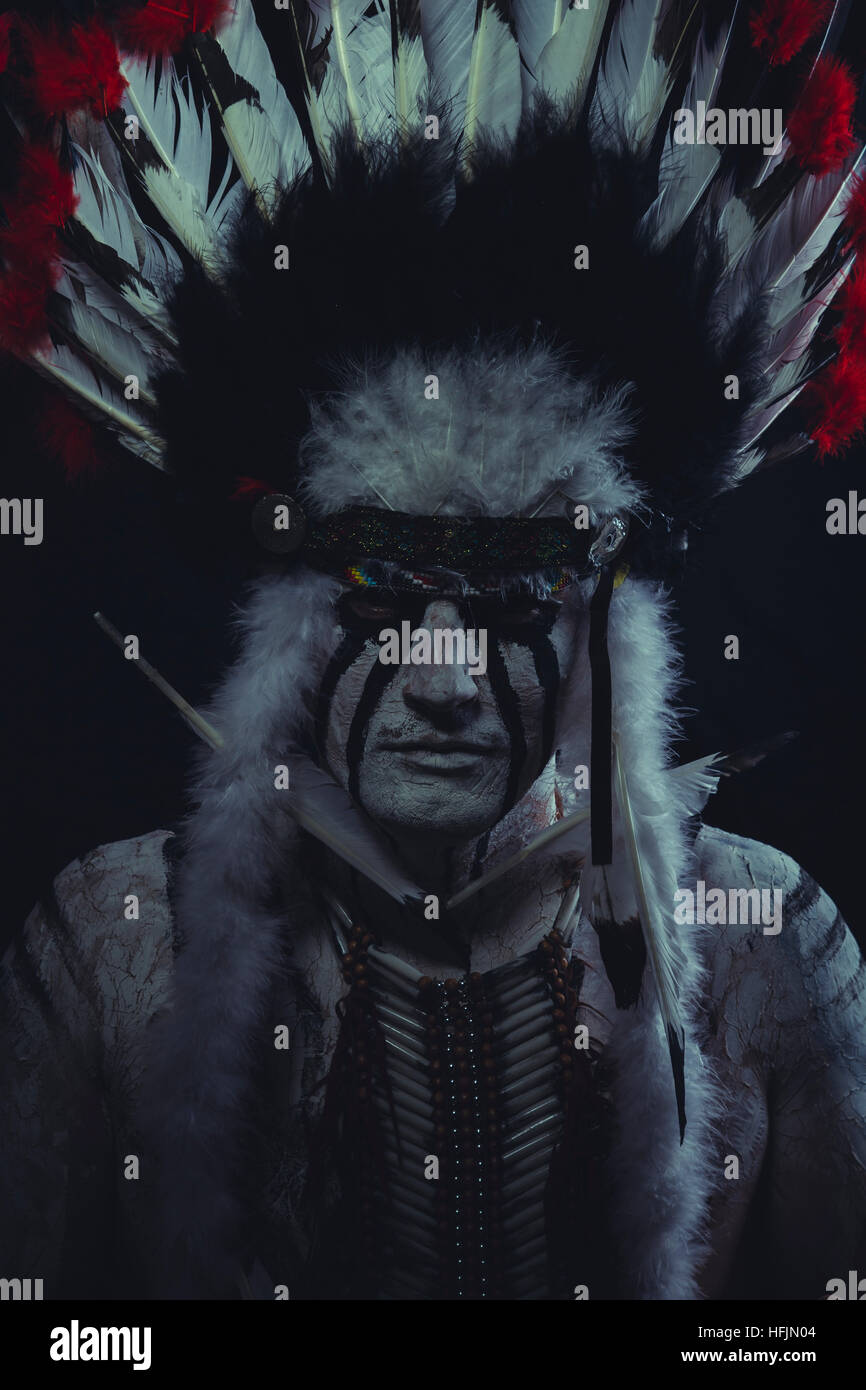 Apache, American Indian chief with feather headdress and traditional ...