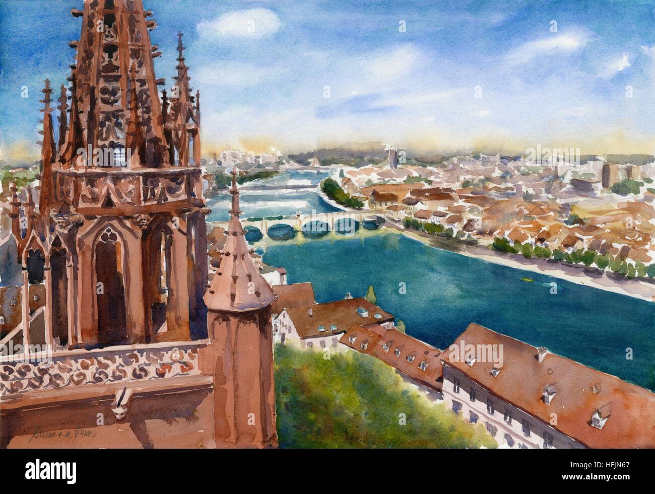 Watercolour painting, aerial view looking over the Rhine and the city ...
