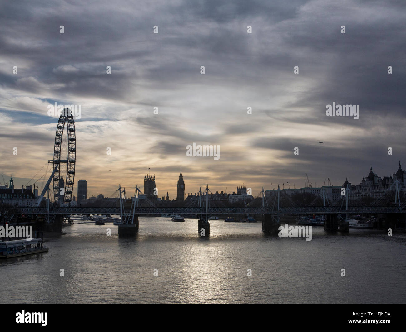 A view of the Houses of Parliament and the London Eye from Waterloo ...