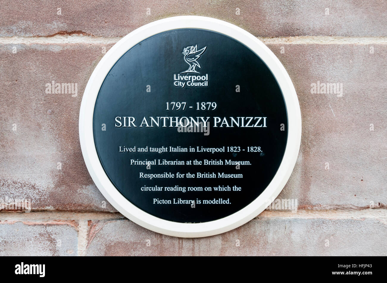 A plaque commemorating Sir Anthony Panizzi on the Picton Library in ...
