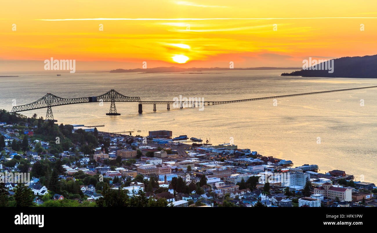 An overlook of Astoria, Oregon from the hill above town. Looking down ...