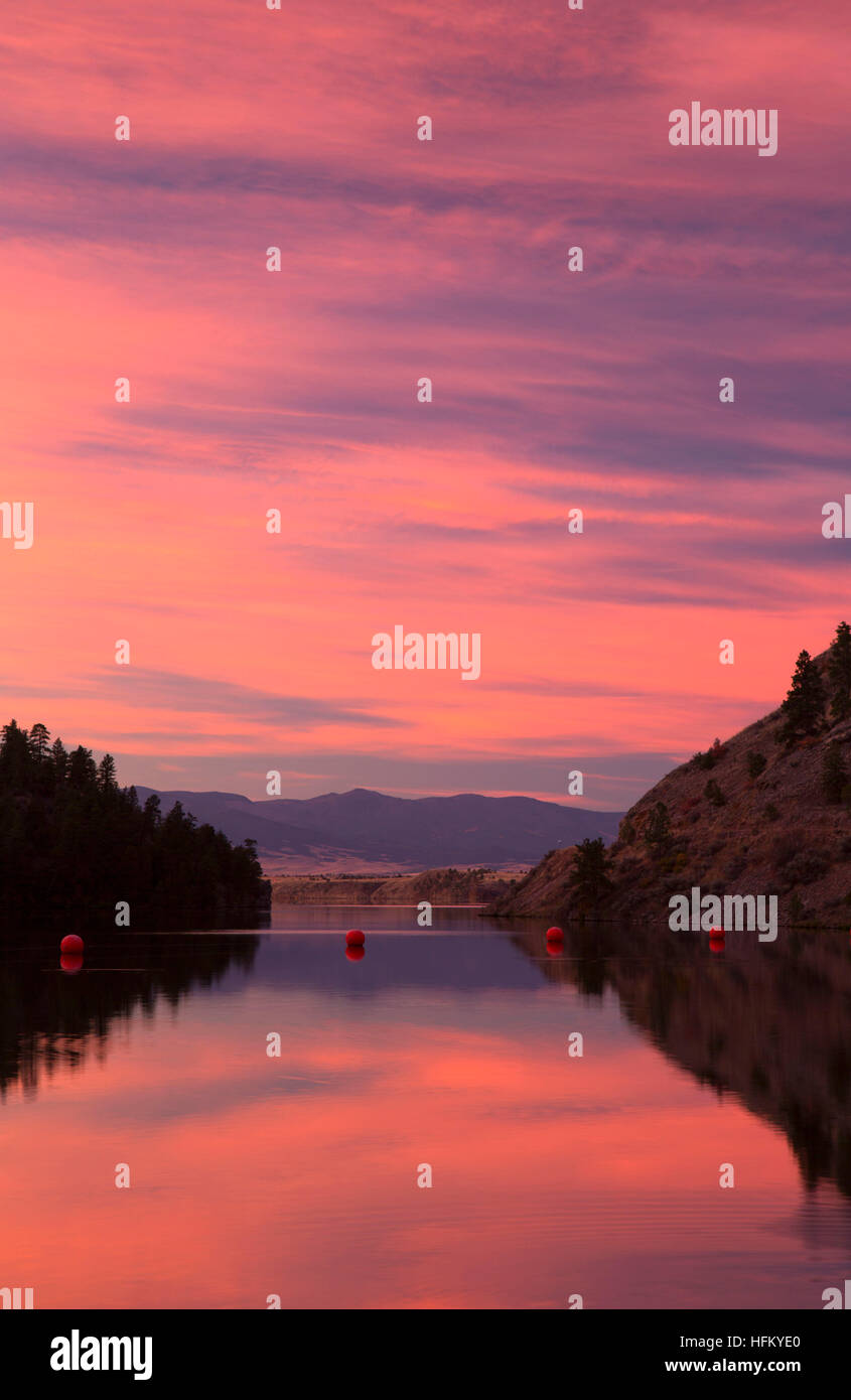 Hauser Lake dawn from Hauser Dam, Helena National Forest, Montana Stock ...
