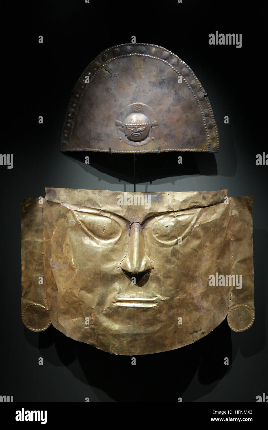 Mask and Moon shaped face ornament Sican culture northern coast of Peru ...