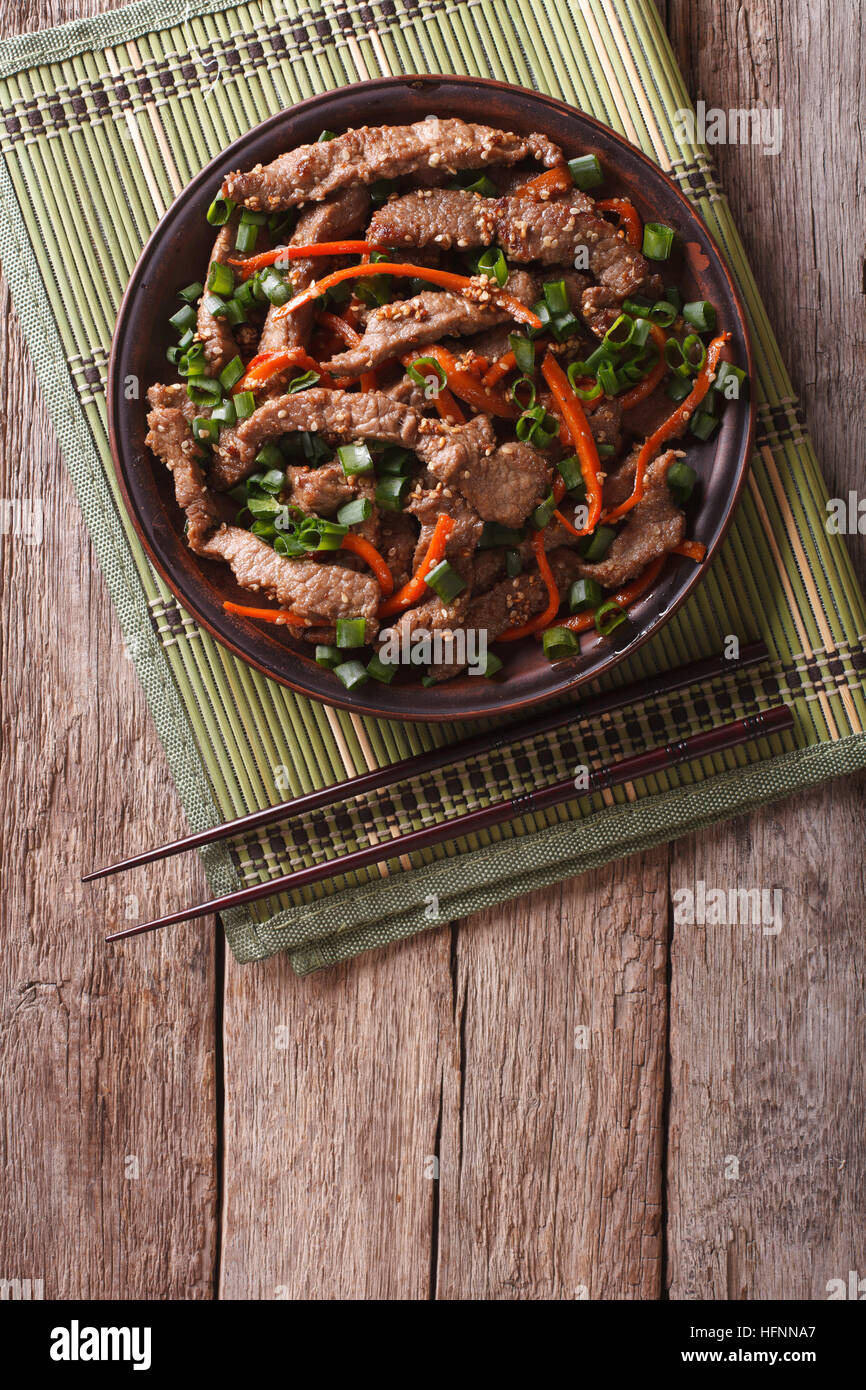 Asian Food: Bulgogi beef slices fried with sesame and carrot on a plate ...