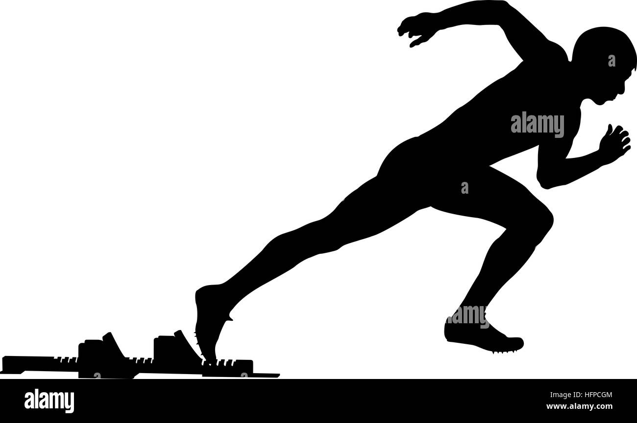 black silhouette of a male athlete start from starting blocks sprint ...
