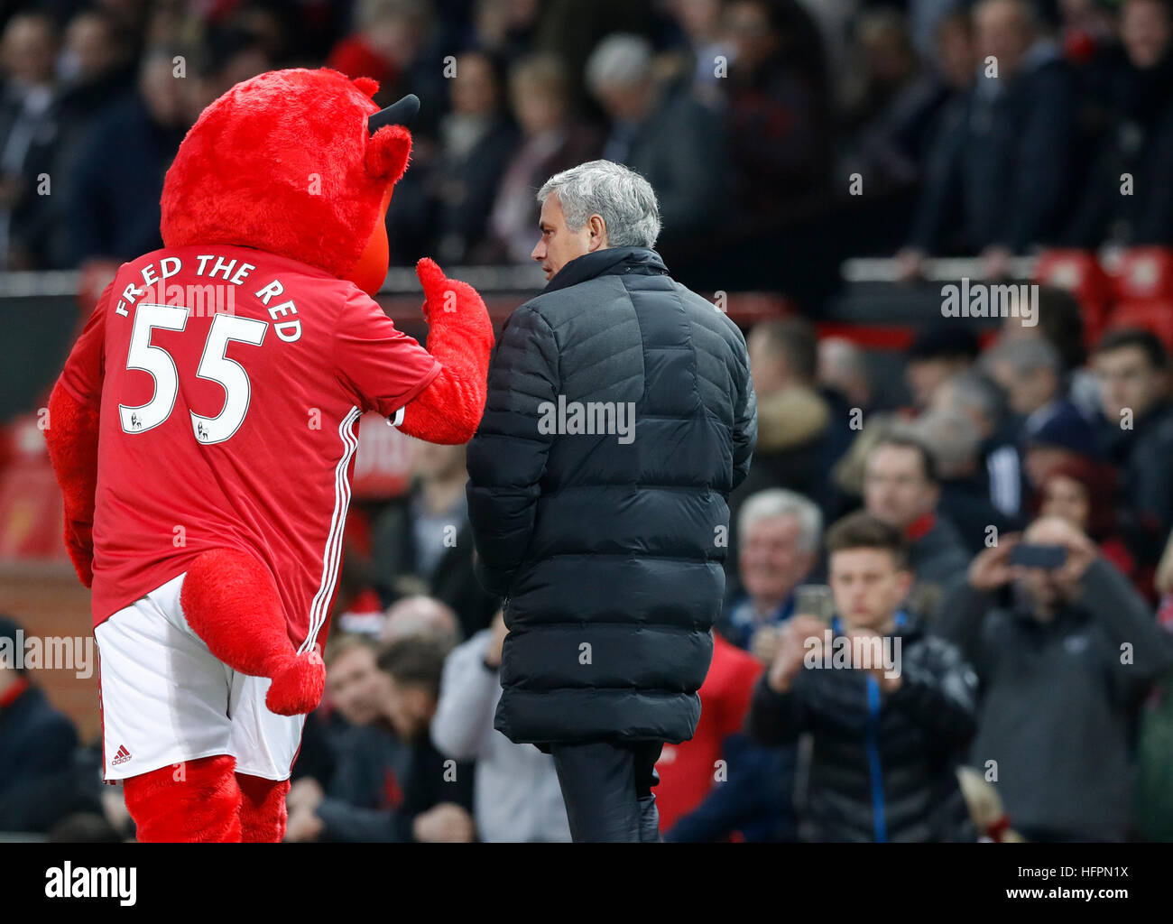 Manchester United Mascot Fred The Red Talks To Manager Jose Mourinho