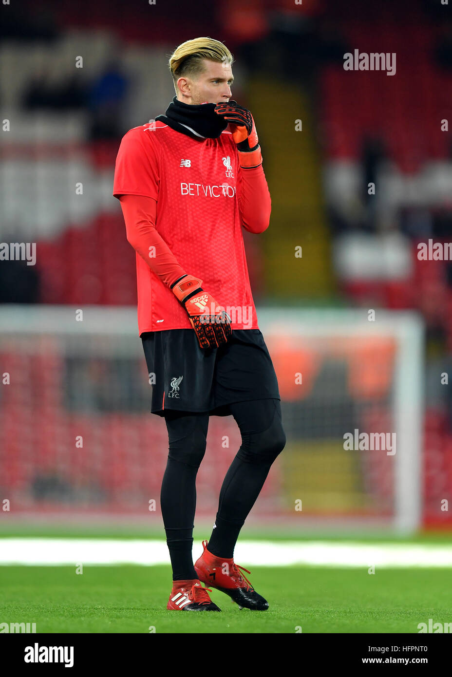 Liverpool goalkeeper Loris Karius before the Premier League match at ...