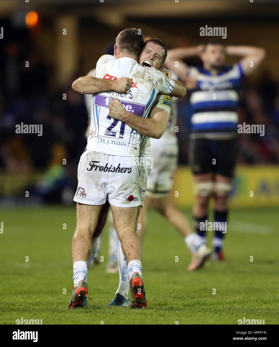 Exeter's Gareth Steenson celebrates their victory with Jack Maunder at ...