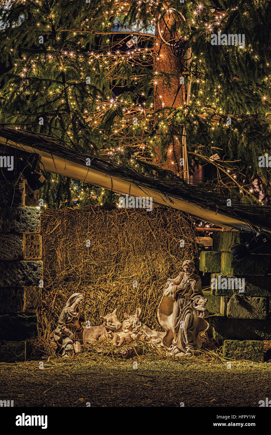 Statues in a Christmas Nativity scene, the Blessed Virgin Mary and ...