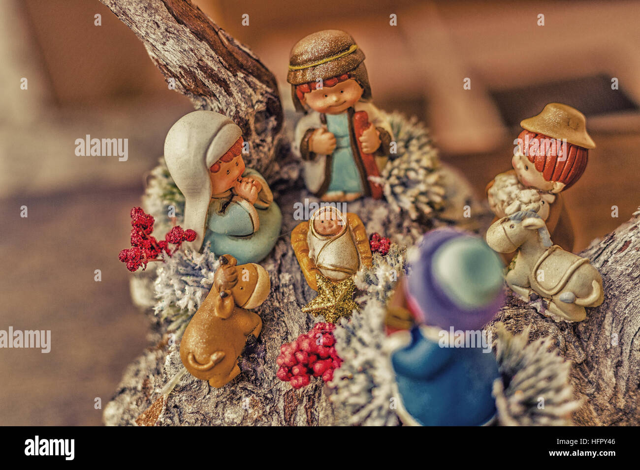 vivid colors of a Christmas Nativity scene, the Blessed Virgin Mary and ...
