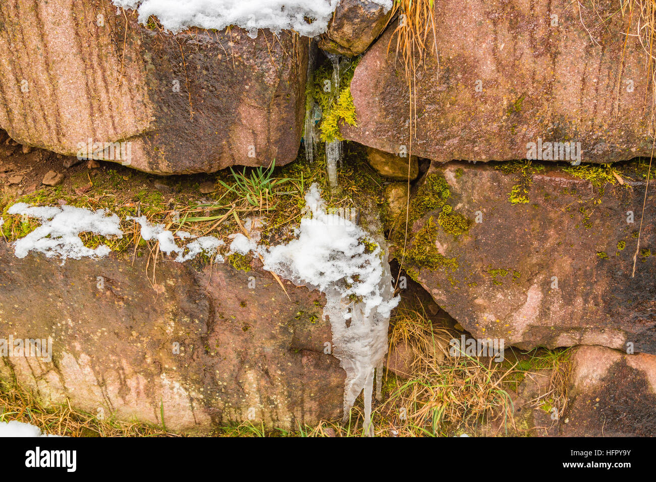 background of a wall of rocks with ice and moss Stock Photo - Alamy