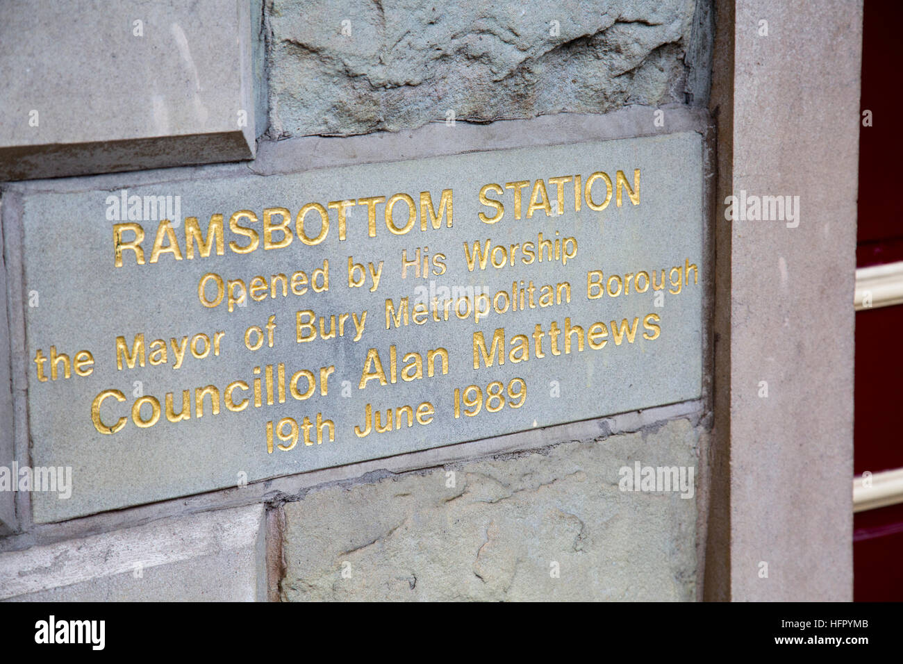 Plaque for the opening of Ramsbottom railway station in Lancashire in ...