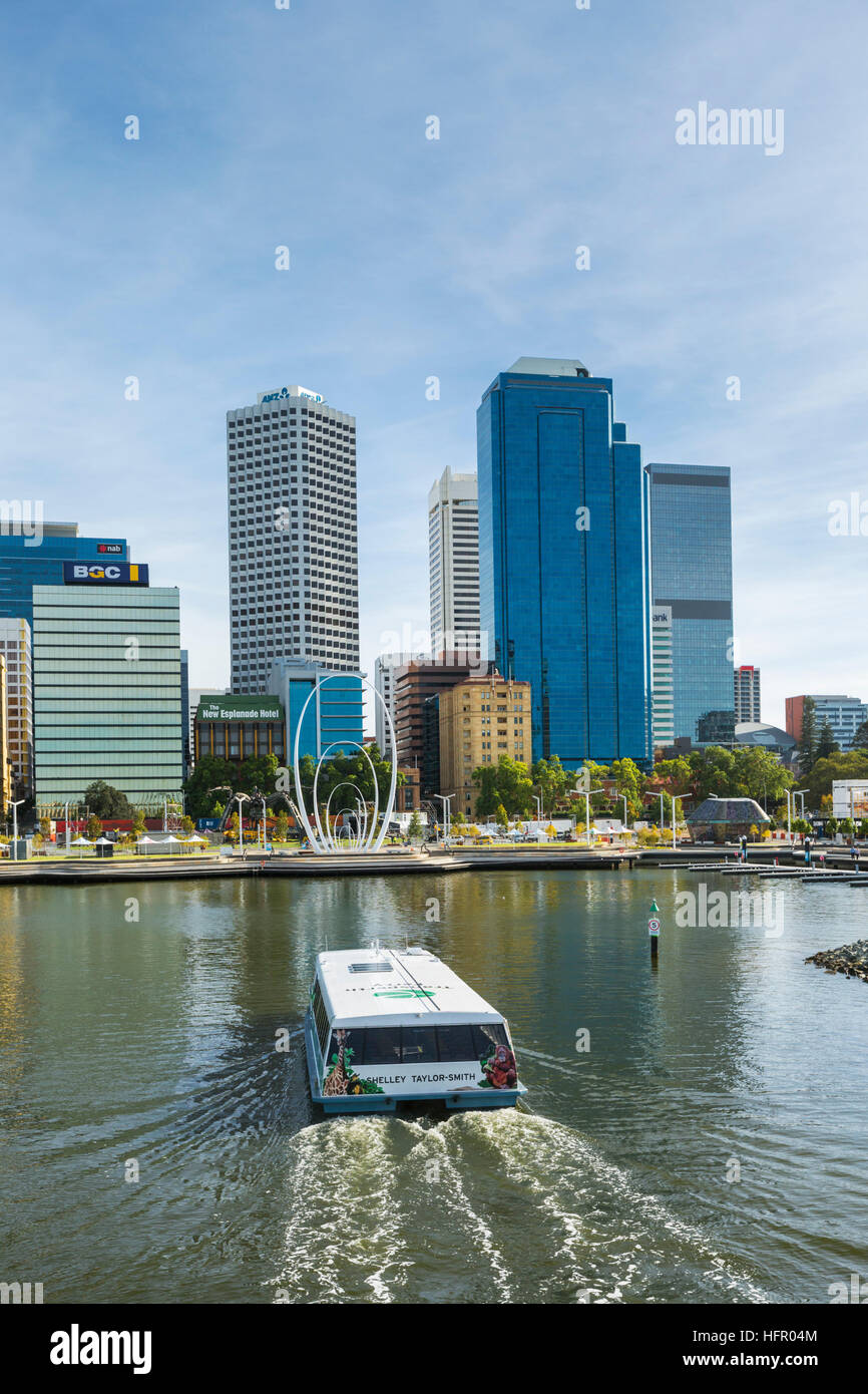 A Swan River ferry arriving at Elizabeth Quay ferry terminal with the ...