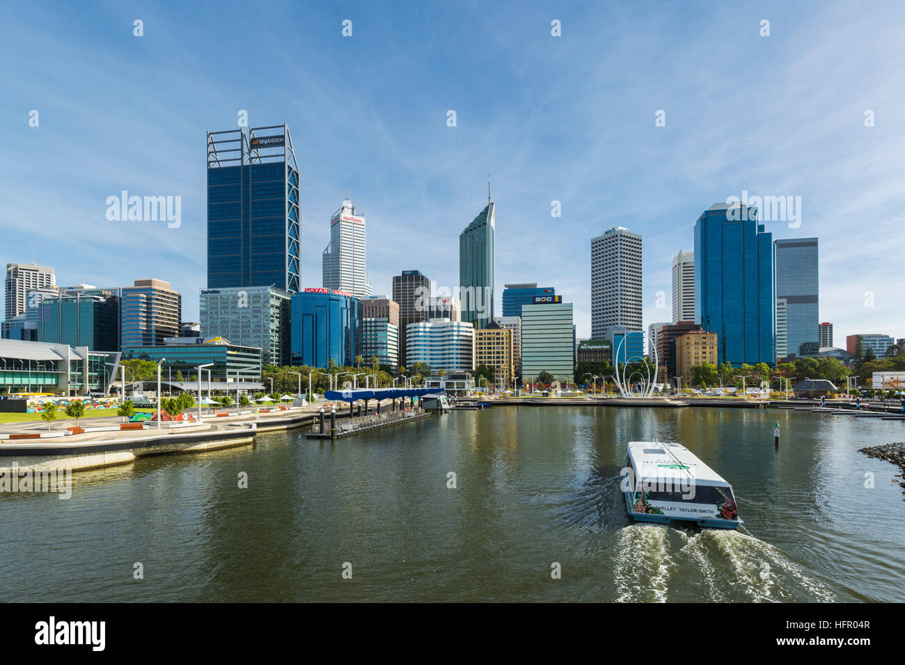 A Swan River ferry arriving at Elizabeth Quay ferry terminal with the ...