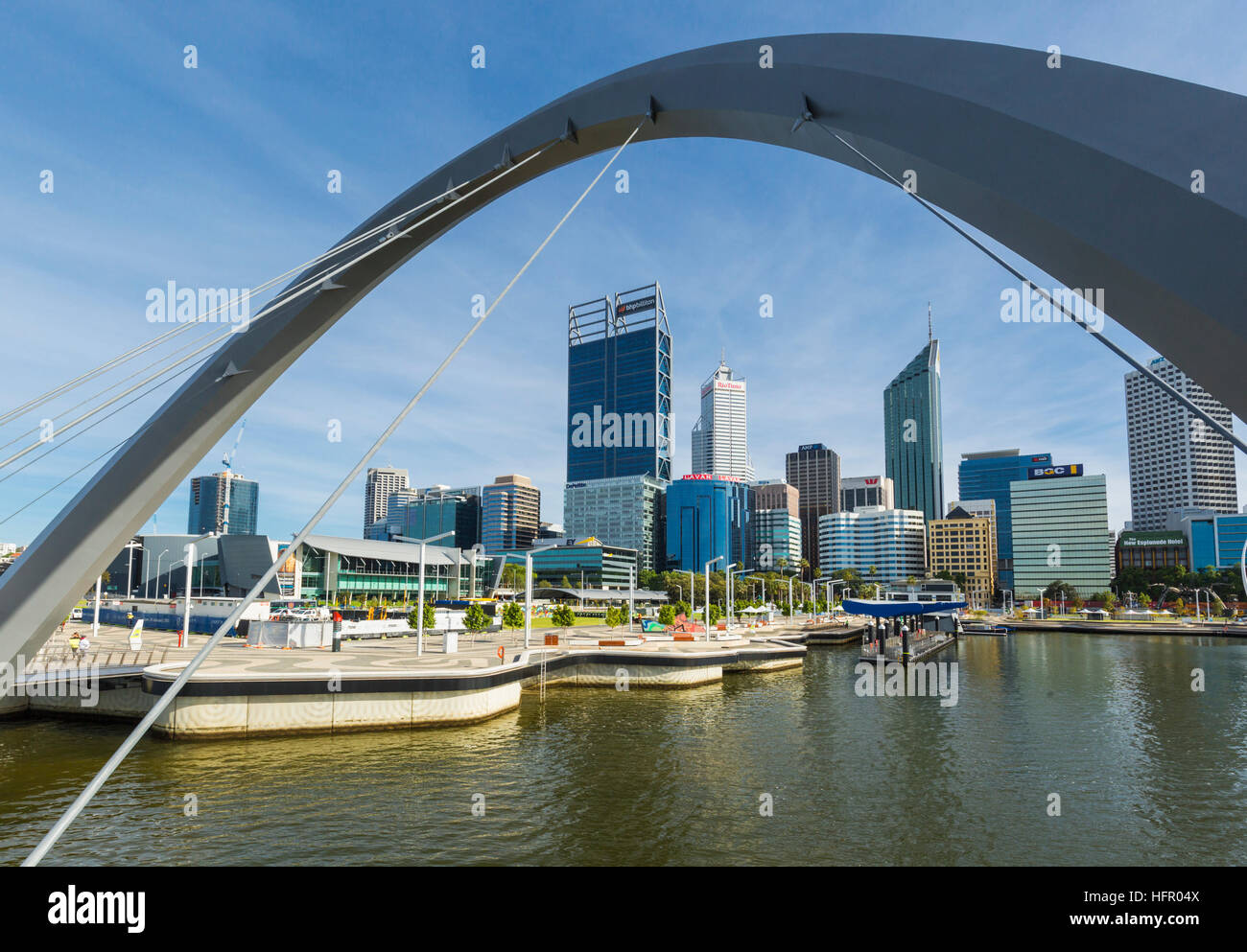 View through an arch of the Elizabeth Quay pedestrian bridge to the ...