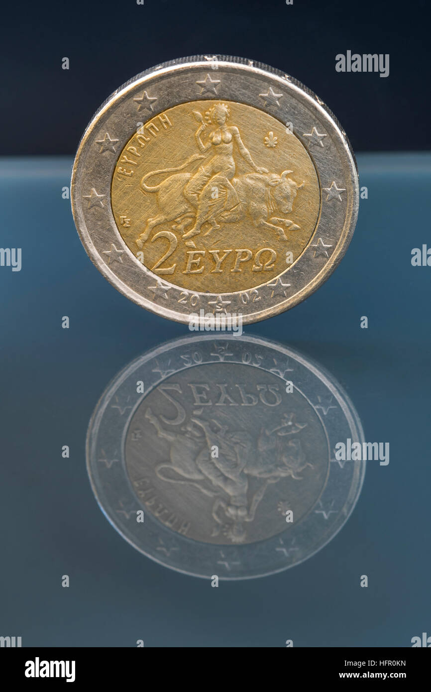 Two, 2 Euro coin from Greece, regular mint, Europa riding the bull ...