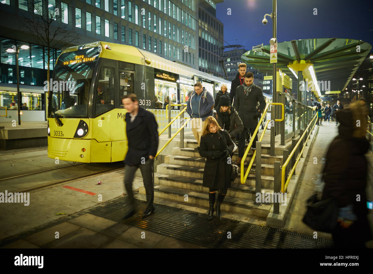 Manchester Peters square metrolink tram Dusk Dawn evening daybreak ...