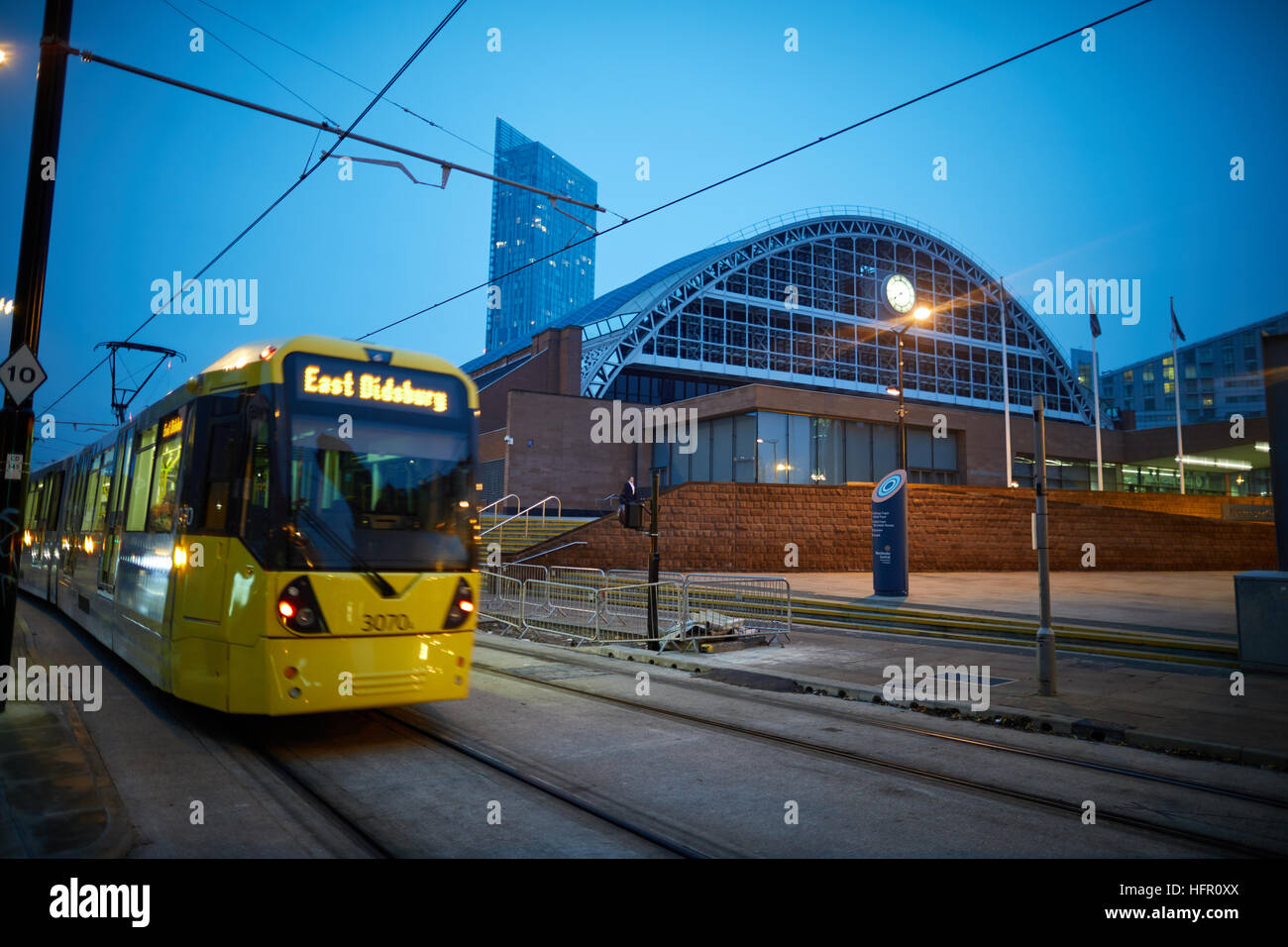Manchester Central metrolink tram Dusk Dawn evening daybreak night ...