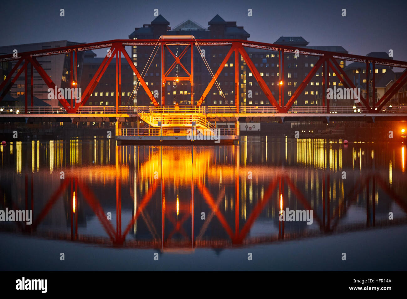 Manchester Salford Quays docks basin show Detroit bridge evening night ...