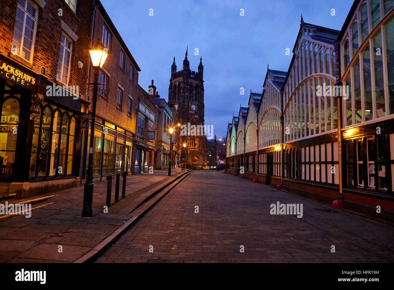 Stockport Manchester Market place Dusk dawn night evening dark night ...