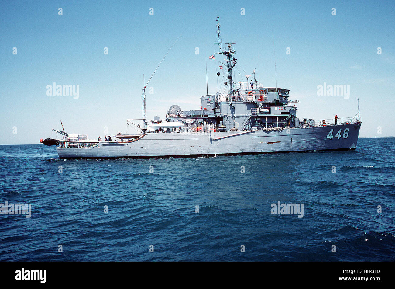 The ocean minesweeper USS FORTIFY (MSO-446) simulates sweeping an area ...
