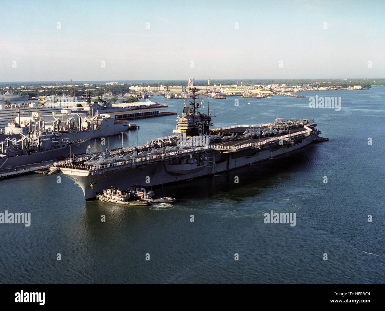 An aerial portside view of the US Navy (USN) Forrestal Class Aircraft ...