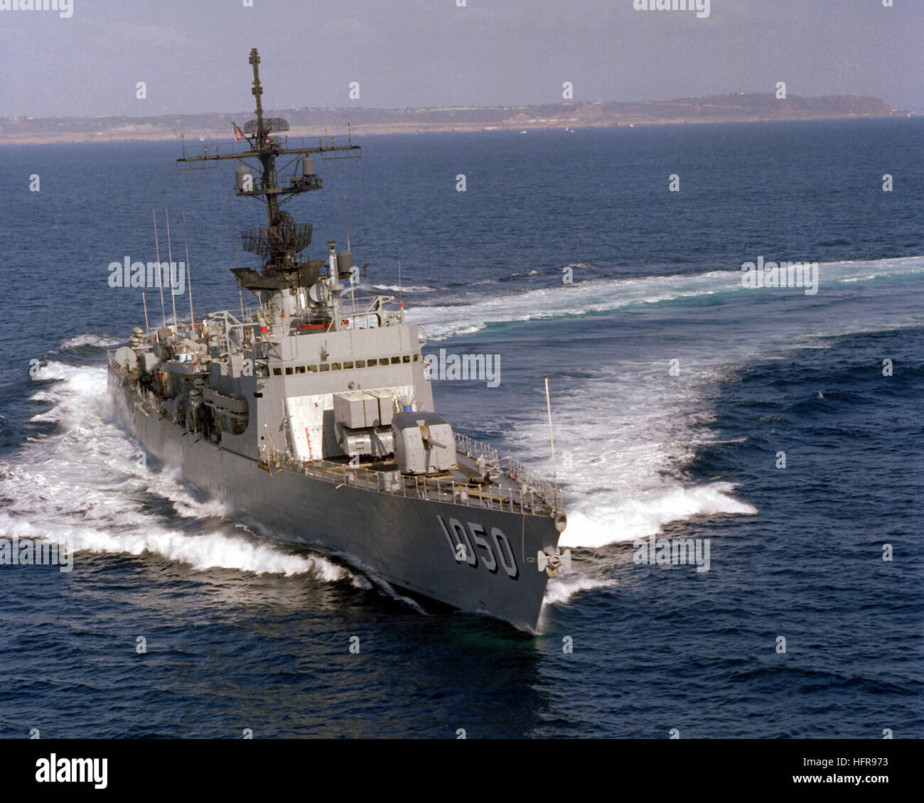 An aerial starboard bow view of the frigate USS ALBERT DAVID (FF-1050 ...