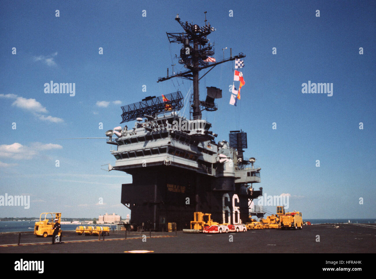 A view of the island of the aircraft carrier USS AMERICA (CV 66). USS ...