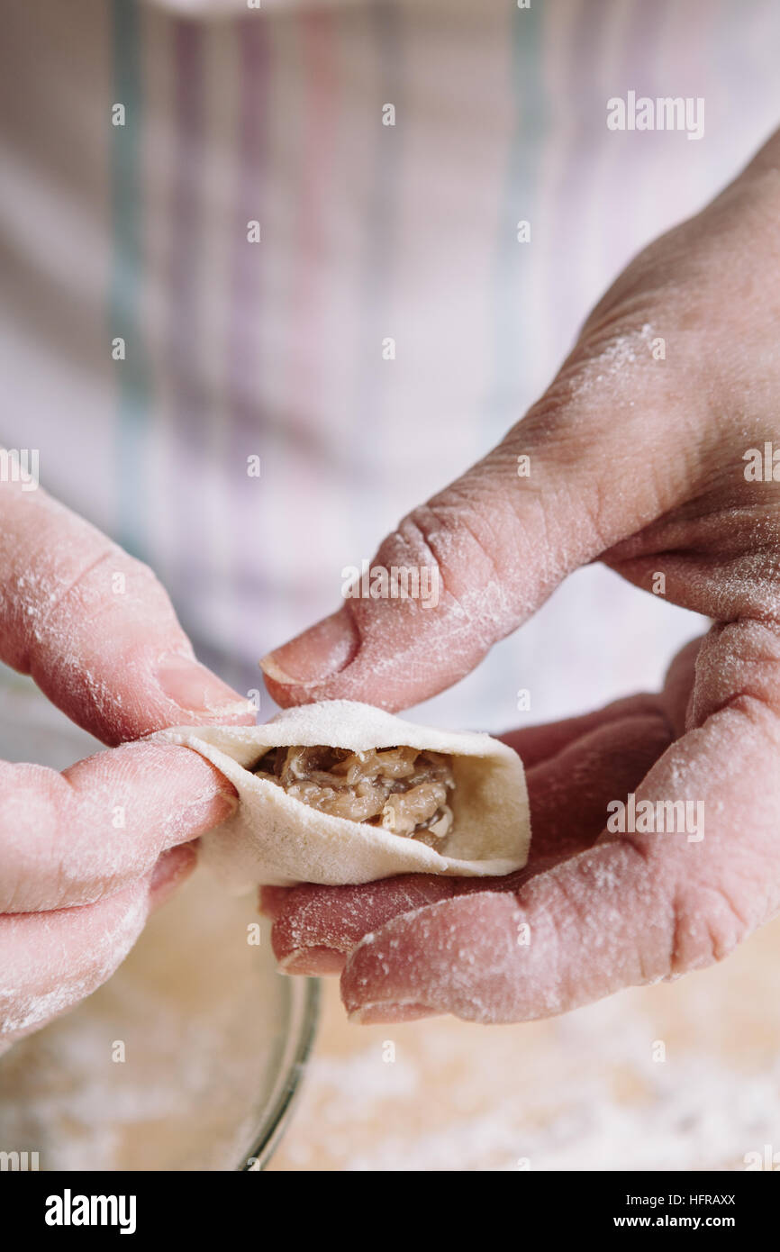 Two hands making meat dumplings Stock Photo - Alamy
