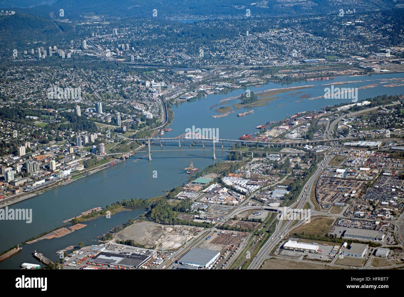 Aerial view of the Pattullo Bridge crossing of the Fraser River linking ...