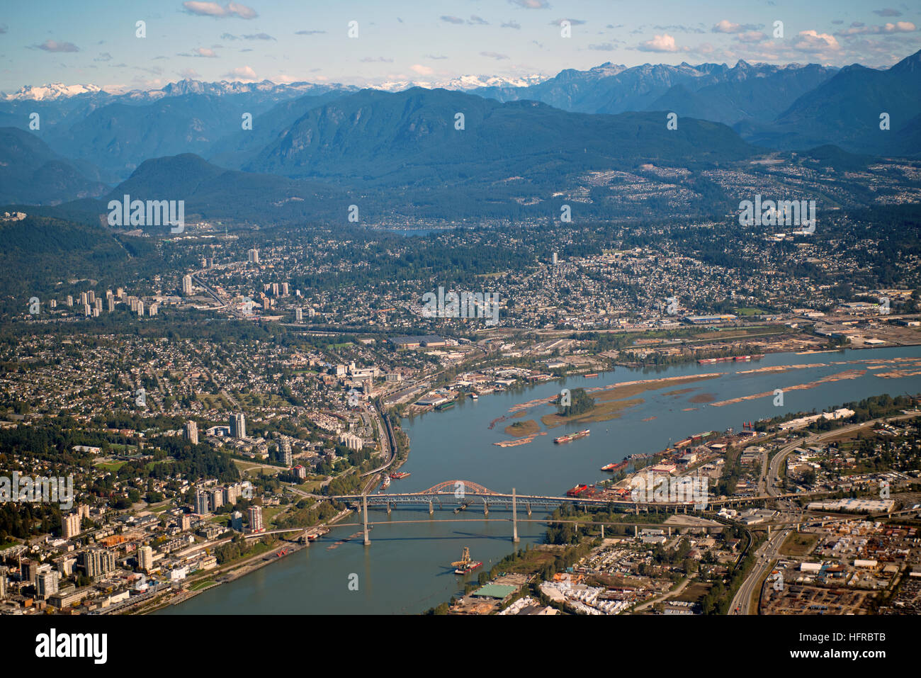 Aerial view of the Pattullo Bridge crossing of the Fraser River linking ...