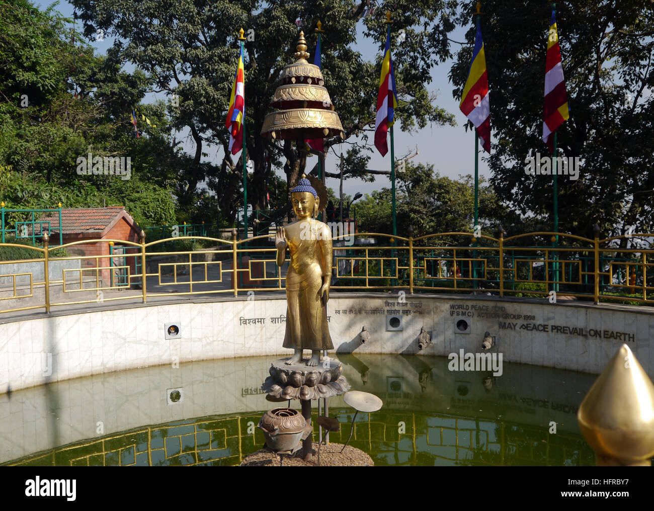 The Golden Buddha in the World Peace Pond at Swayambhunath (Monkey ...