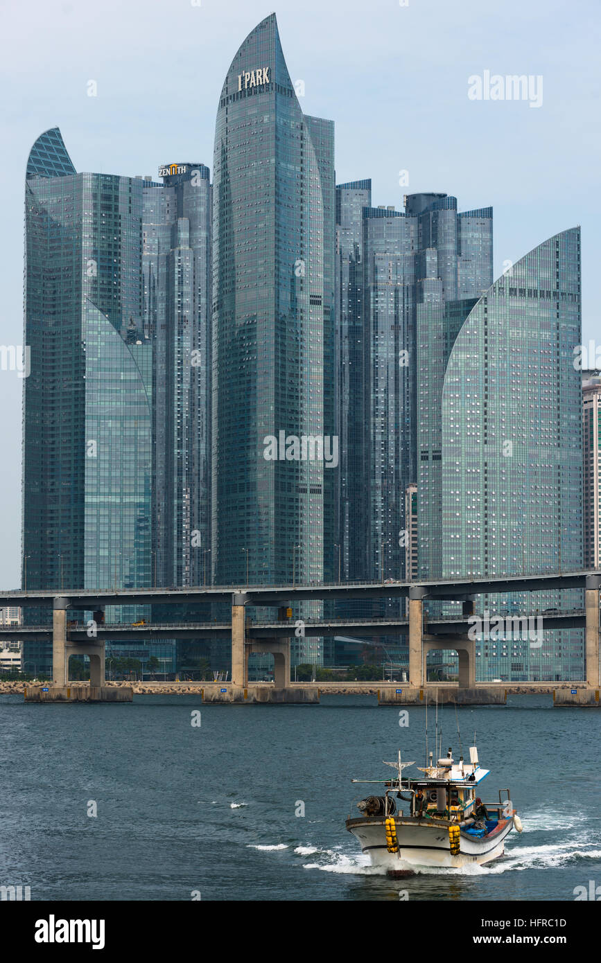 Modern skyscrapers across the Suyoung river in Centum city. Pusan ...