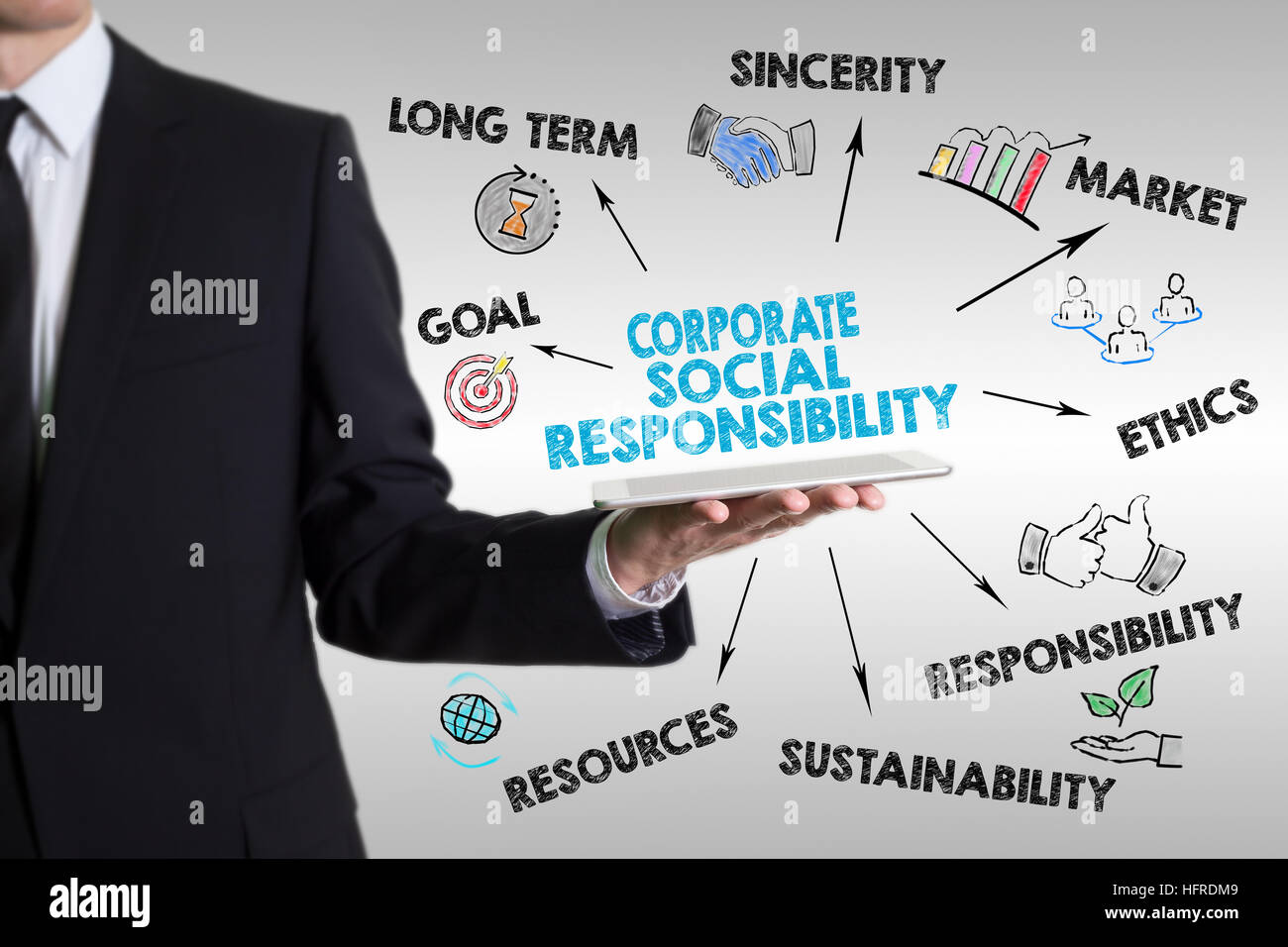Corporate Social Responsibility Concept. Man holding a tablet computer ...