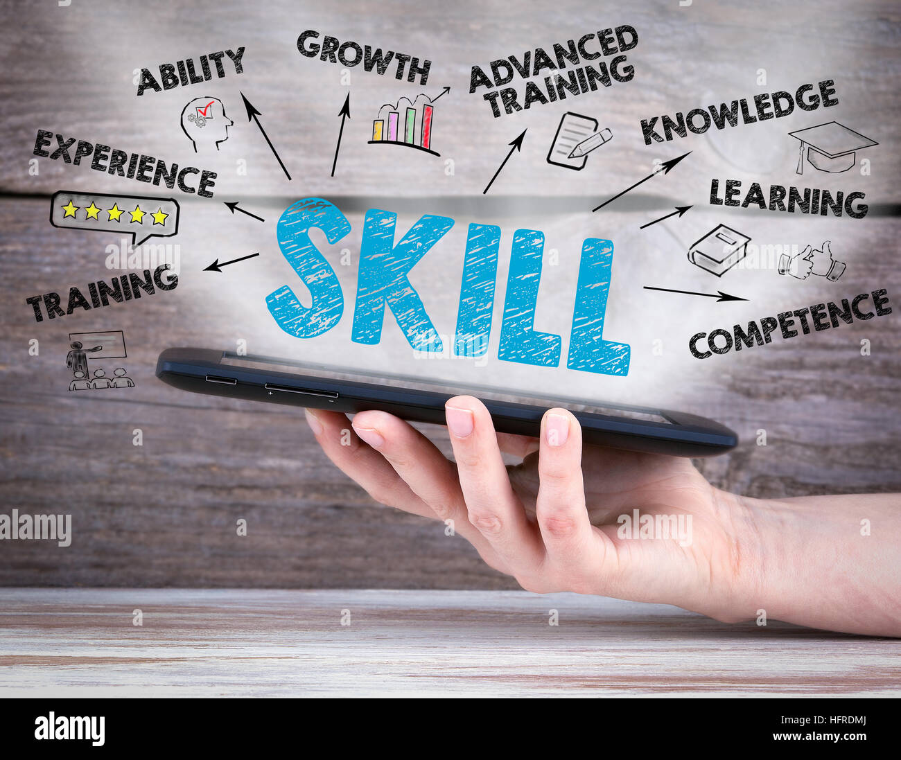 Skill concept. Tablet computer in the hand. Old wooden background Stock ...