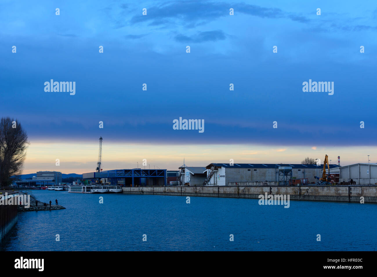 Wien, Vienna: port of Vienna, cruise ships anchored in winter off ...