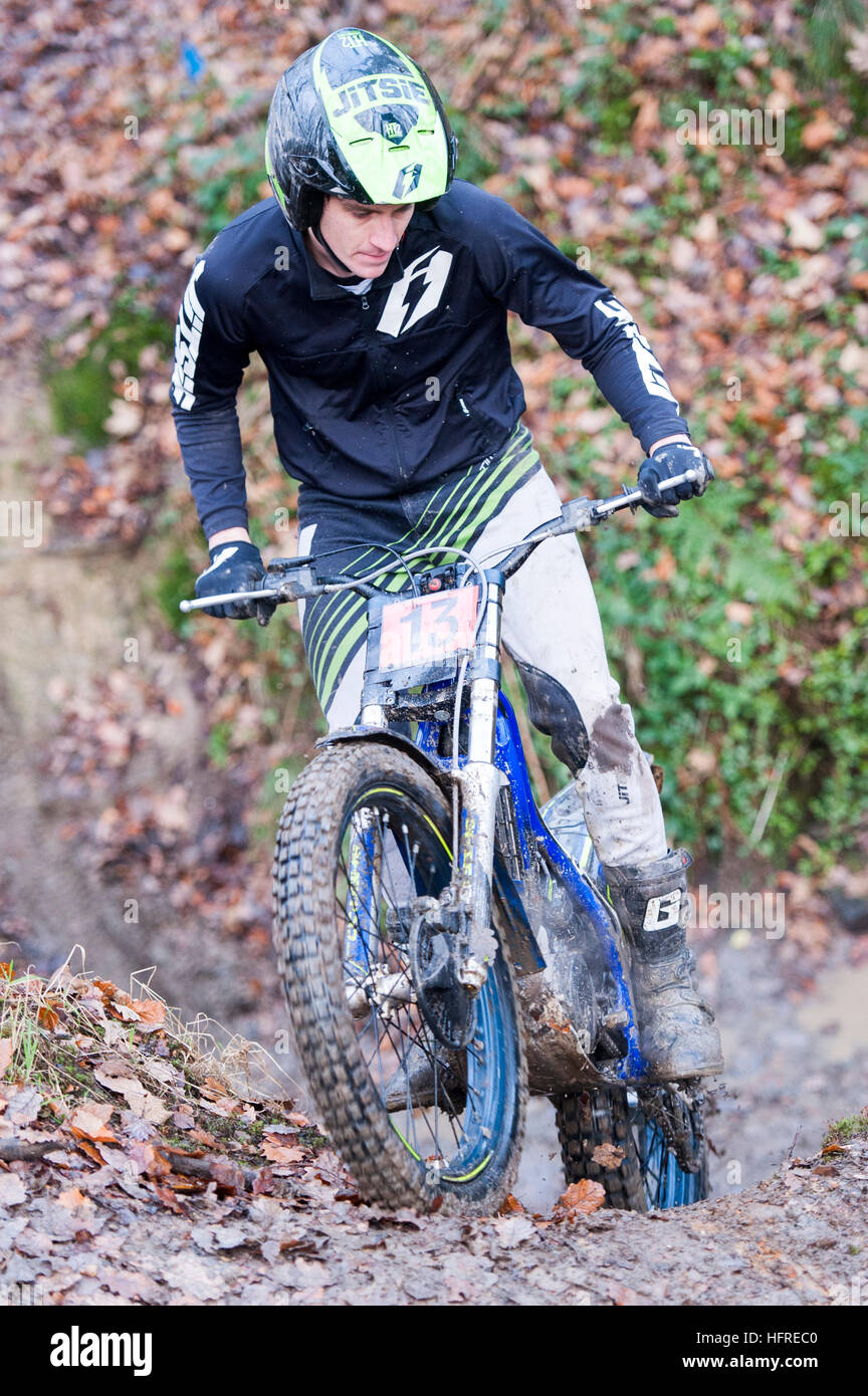 Motorbike trials rider taking part in a clubman event in Derbyshire ...
