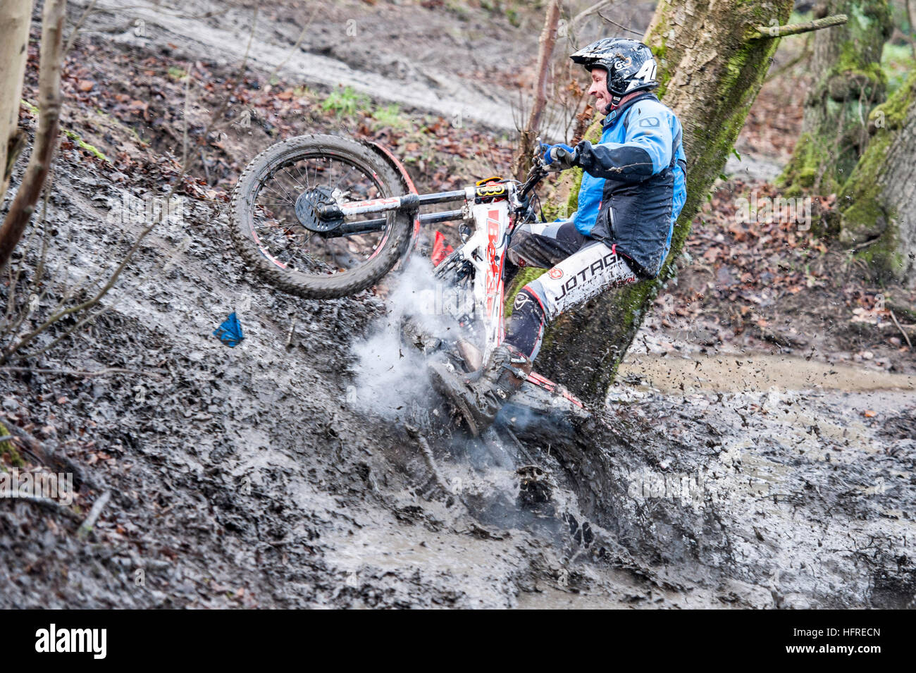 Motorbike trials rider taking part in a clubman event in Derbyshire ...