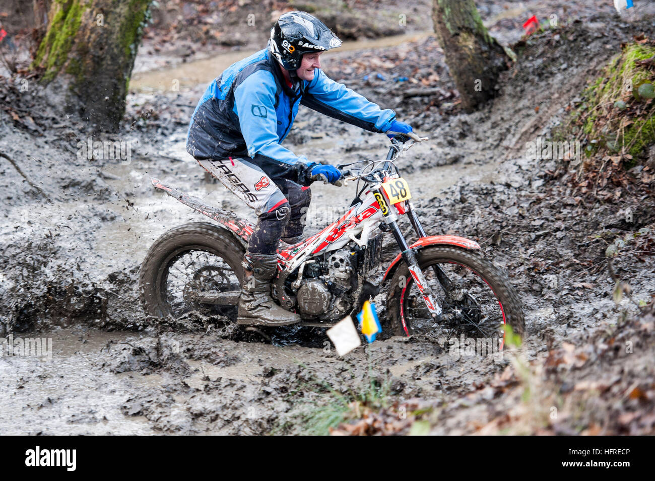 Motorbike trials rider taking part in a clubman event in Derbyshire ...
