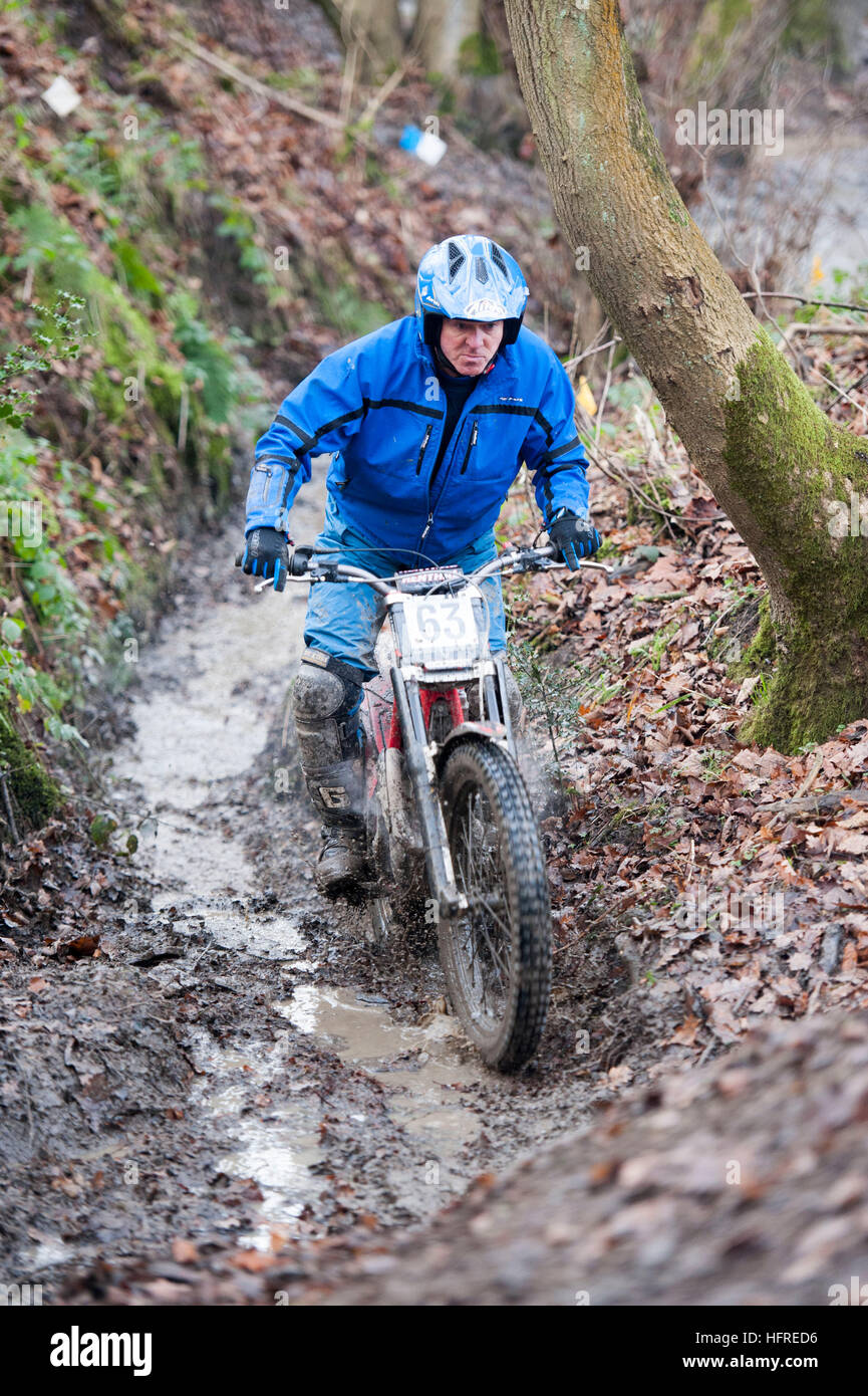 Motorbike trials rider taking part in a clubman event in Derbyshire ...