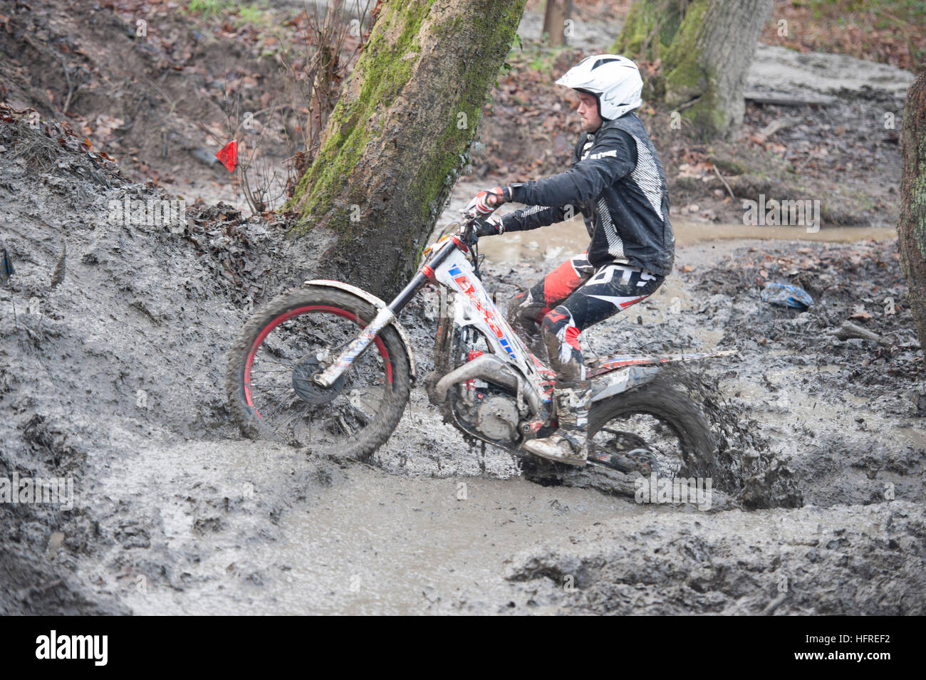 Motorbike trials rider taking part in a clubman event in Derbyshire ...