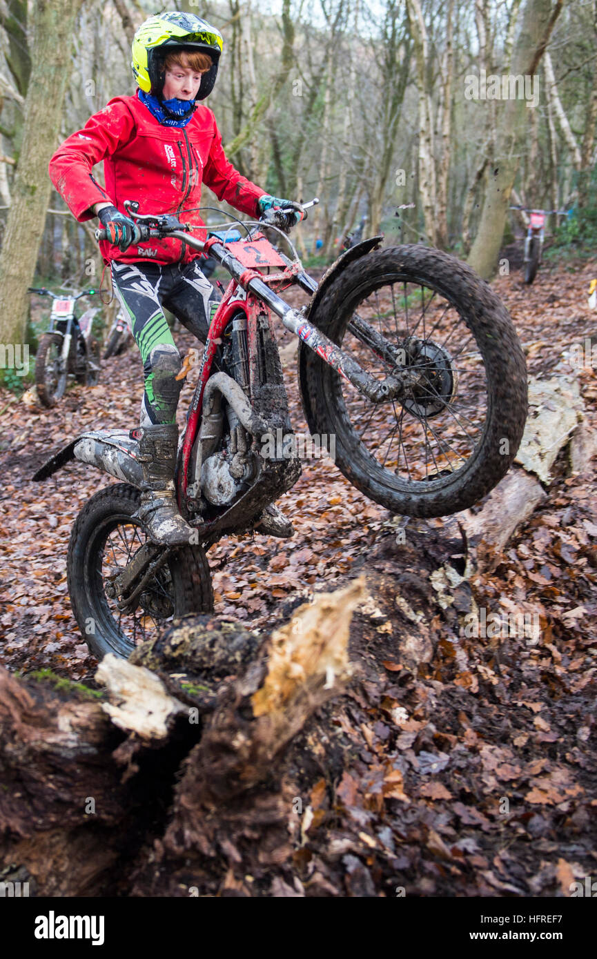 A motorcycle trials rider clears a log as part of a woodland section ...