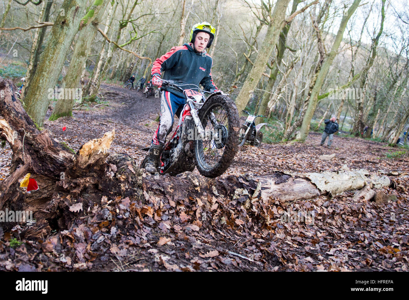 A motorcycle trials rider clears a log as part of a woodland section ...
