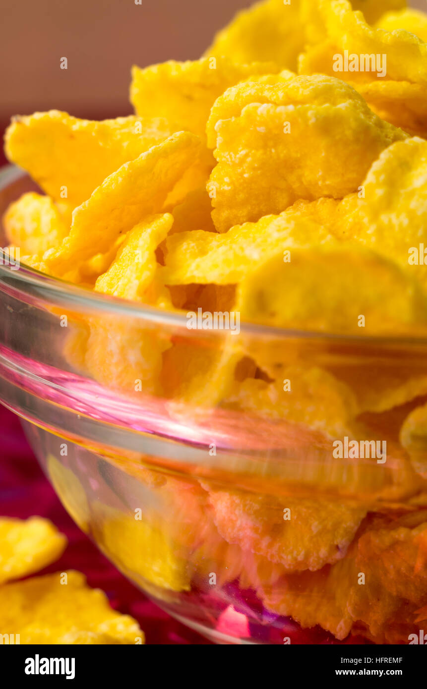 Ingredients for breakfast. Defocused and blurred macro view of yellow ...