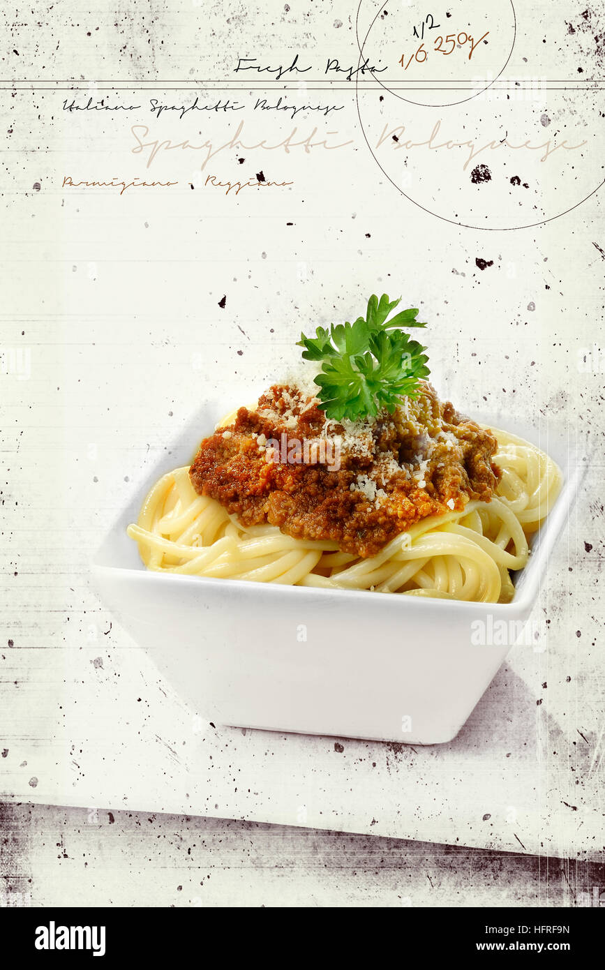 Grunge graffiti effect image of classic Italian Spaghetti Bolognese ...