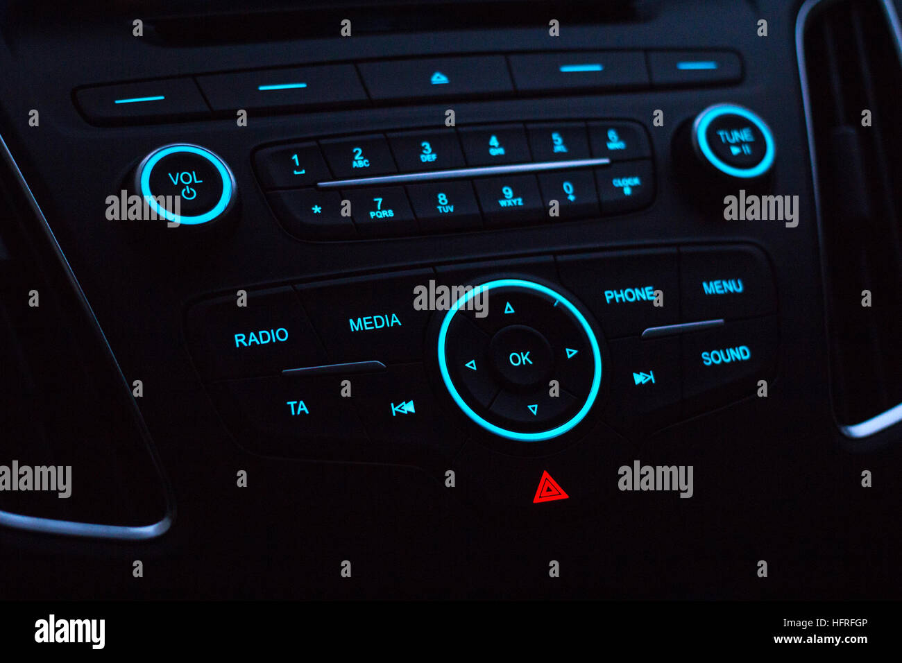 Dashboard with audio equipment in cabin of the modern new car at night ...