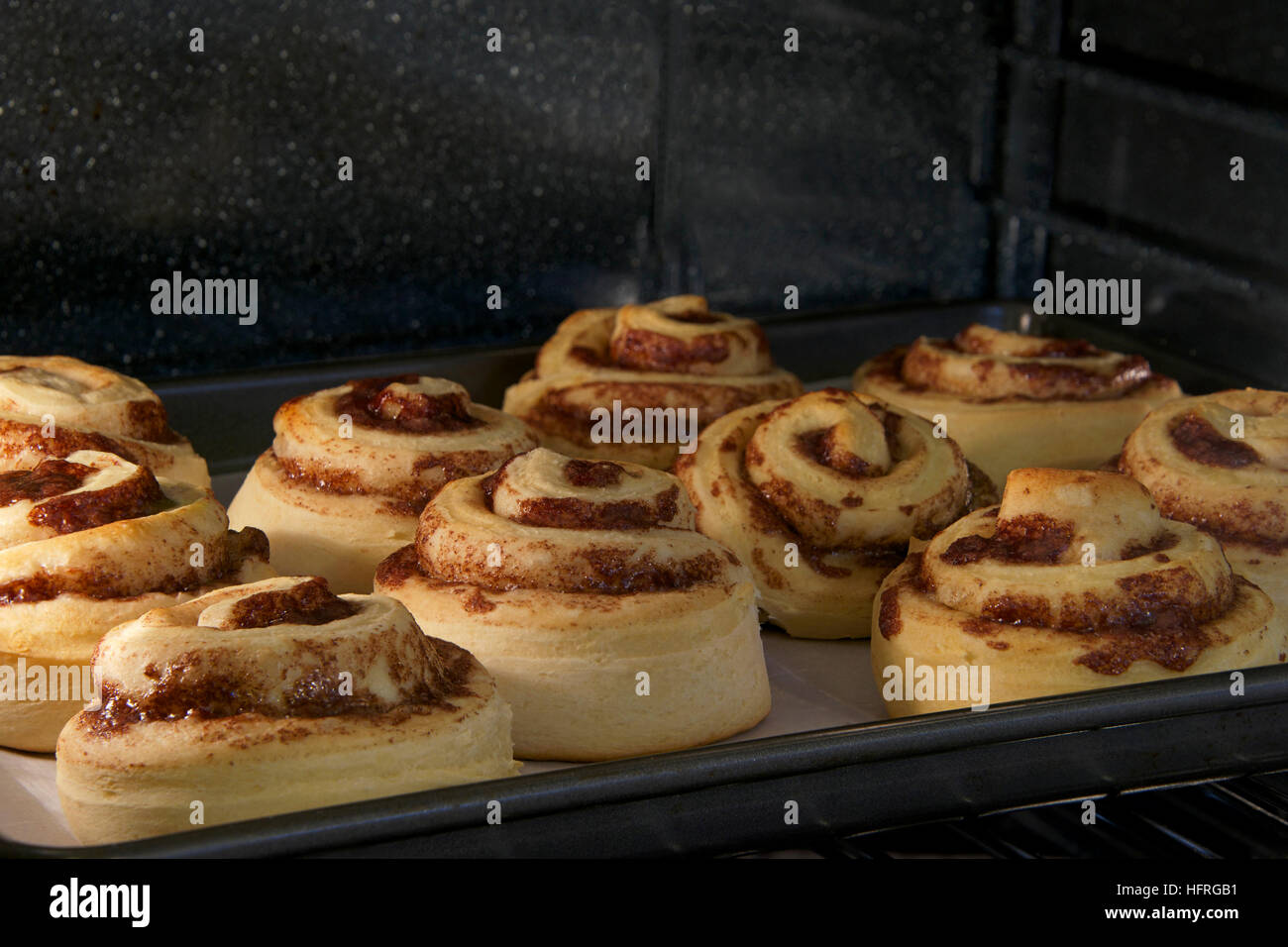 Hot Cinnamon Rolls Baking In A Convection Oven Almost Done Tops Coming To A Golden Brown Stock