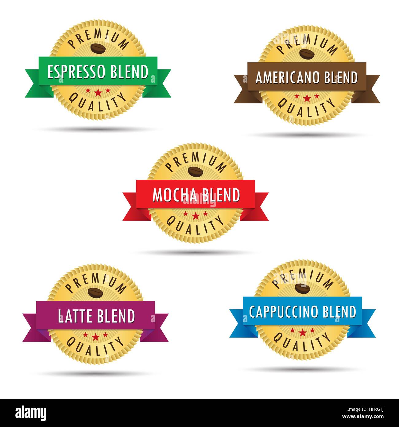 Five blends of coffee premium quality gold badge icon logo vector ...