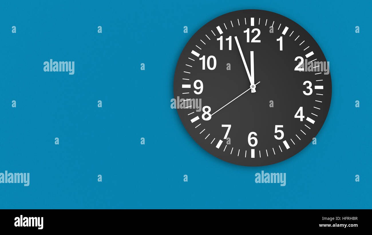 Clock face on a blue wall with clean design showing almost midday hour ...