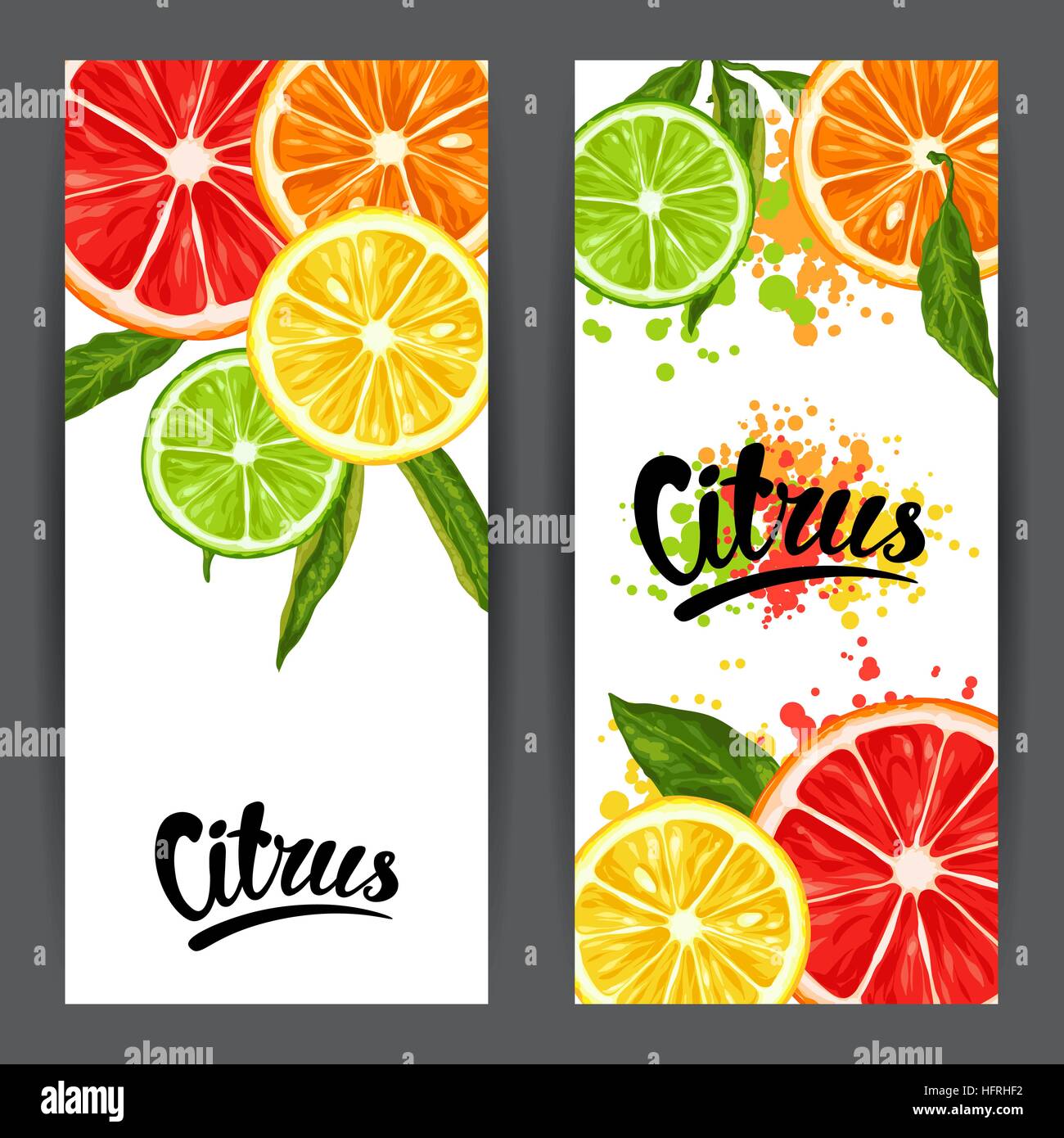 Banners with citrus fruits slices. Mix of lemon lime grapefruit and ...